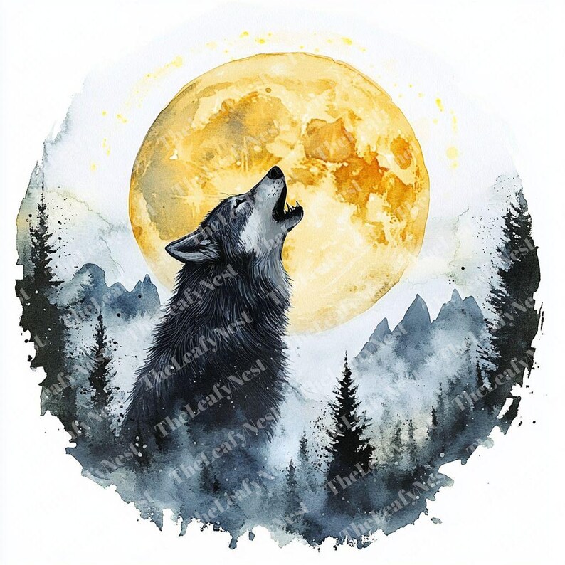 Howling Wolf Watercolor Clipart: Moonlit Forest Scene (JPG & PNG ...