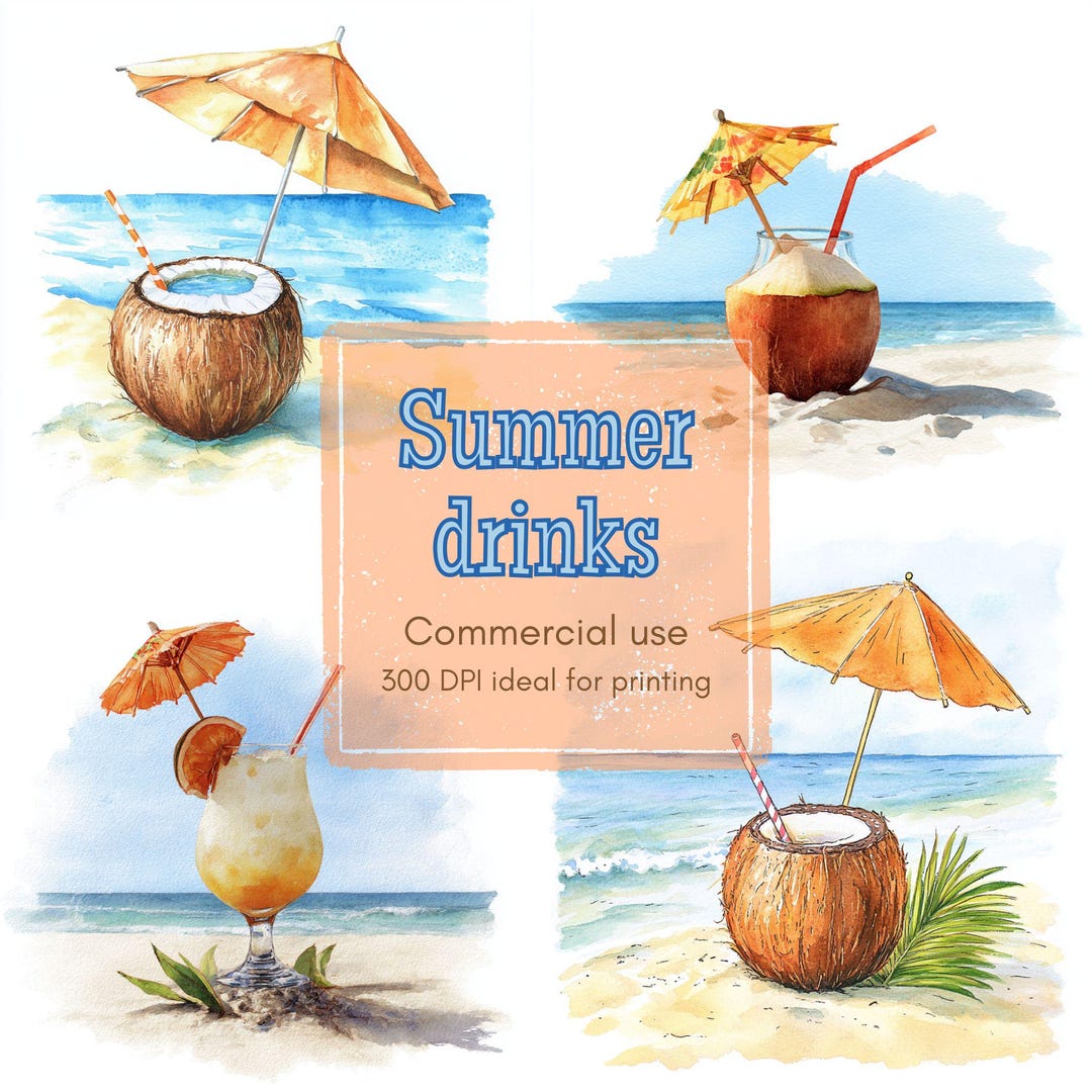 14 Coconut Drink Clipart, Tropical Cocktail Clipart, Beach Horizon ...