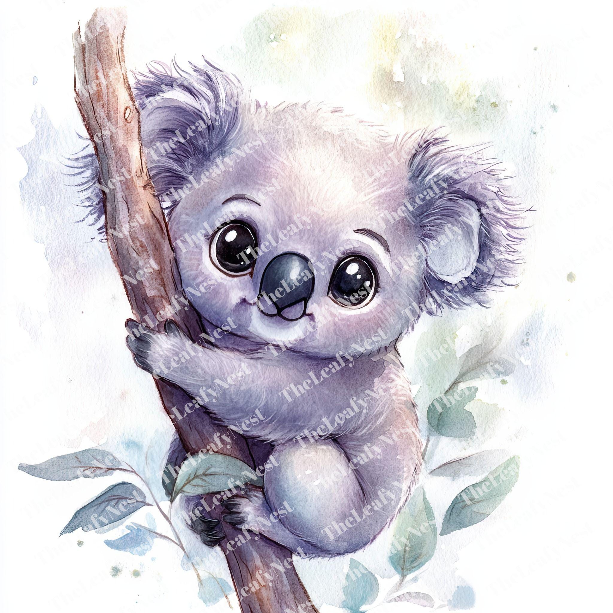 9 Koala Clinging to a Eucalyptus Cartoon Clipart, Printable Watercolor ...