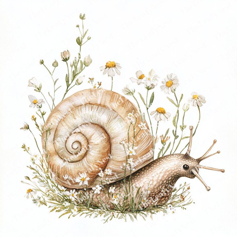 9 Whimsical Floral Snail Clipart, Watercolor Snail With Wildflower ...