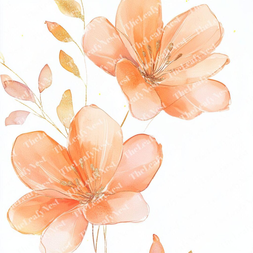 13 Peach Orange Flower Clipart, Gold Botanical, Elegant Floral ...
