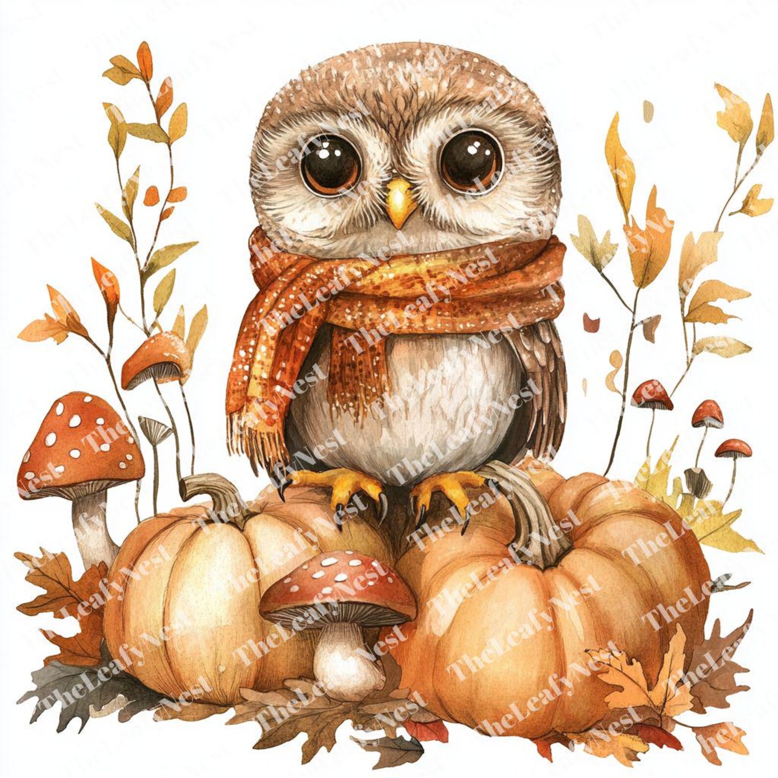 16 Autumn Owl Clipart, Woodland Baby Owl Clipart, Pumpkin Mushroom ...