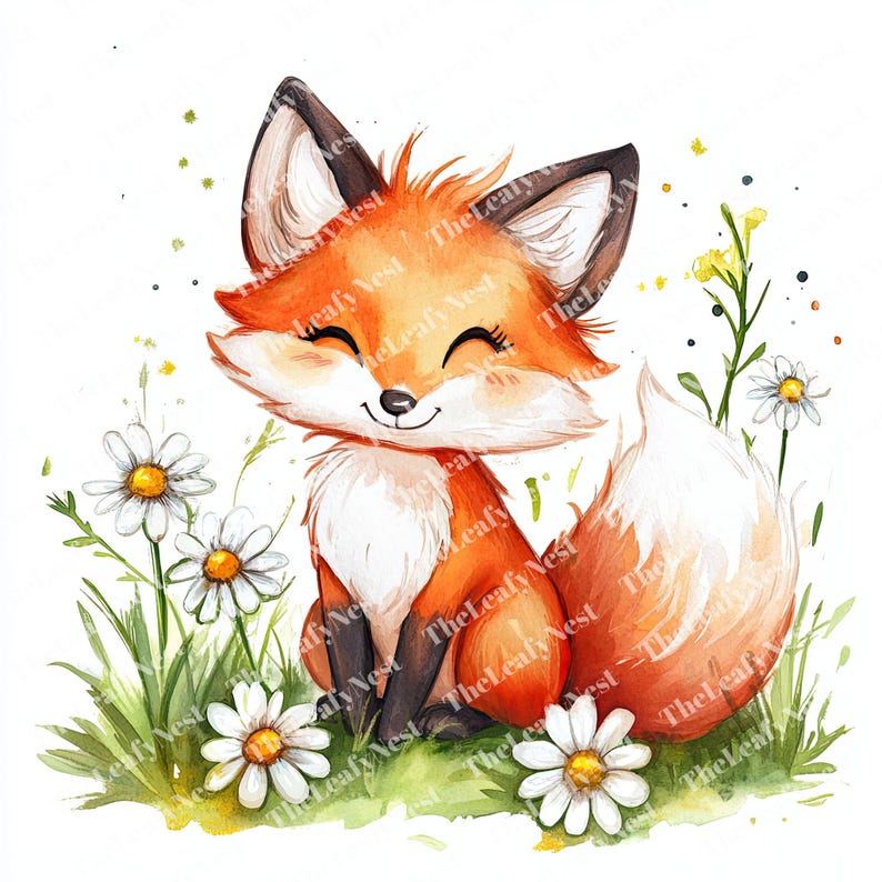 10 Floral Fox Cartoon Clipart, Fox With Flower Clipart,printable ...