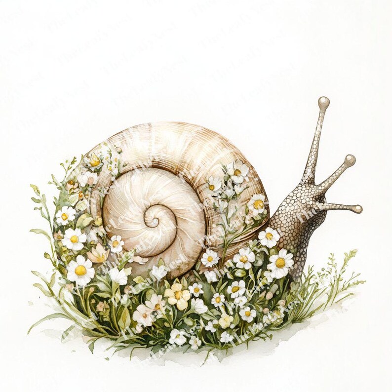 9 Whimsical Floral Snail Clipart, Watercolor Snail With Wildflower ...