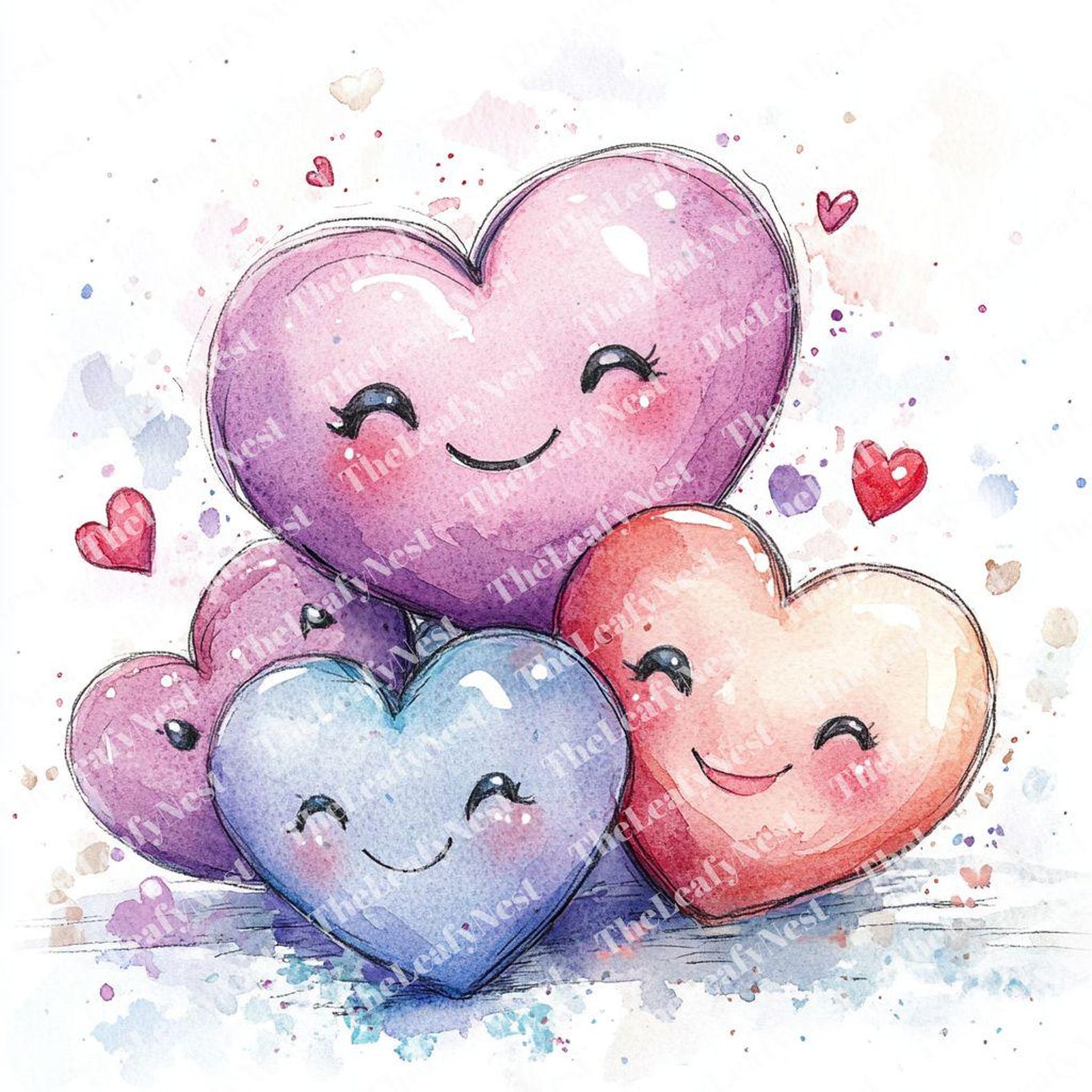 Cute Chibi Hearts Clipart | Watercolor Valentine's Art (digital ...