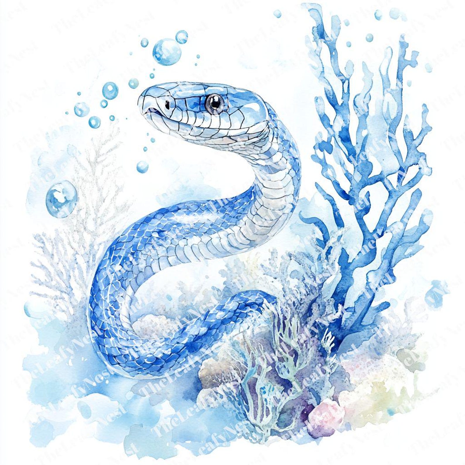 Watercolor Sea Snake Clipart: Blue Silver Ocean Reptile (JPG & PNG ...