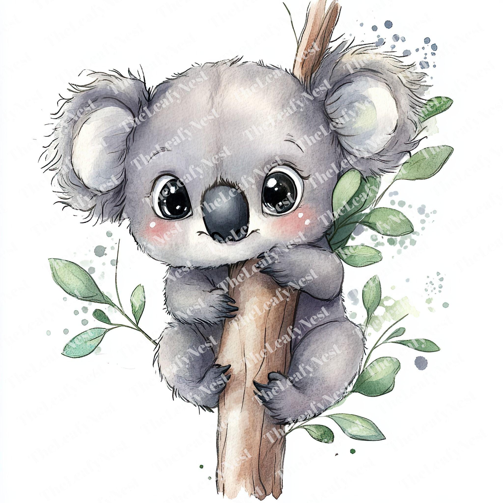 9 Koala Clinging to a Eucalyptus Cartoon Clipart, Printable Watercolor ...
