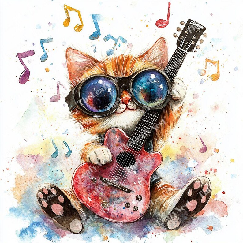Rockstar Cat Watercolor Clipart: Funny Guitar Kitty Jpgs (digital ...