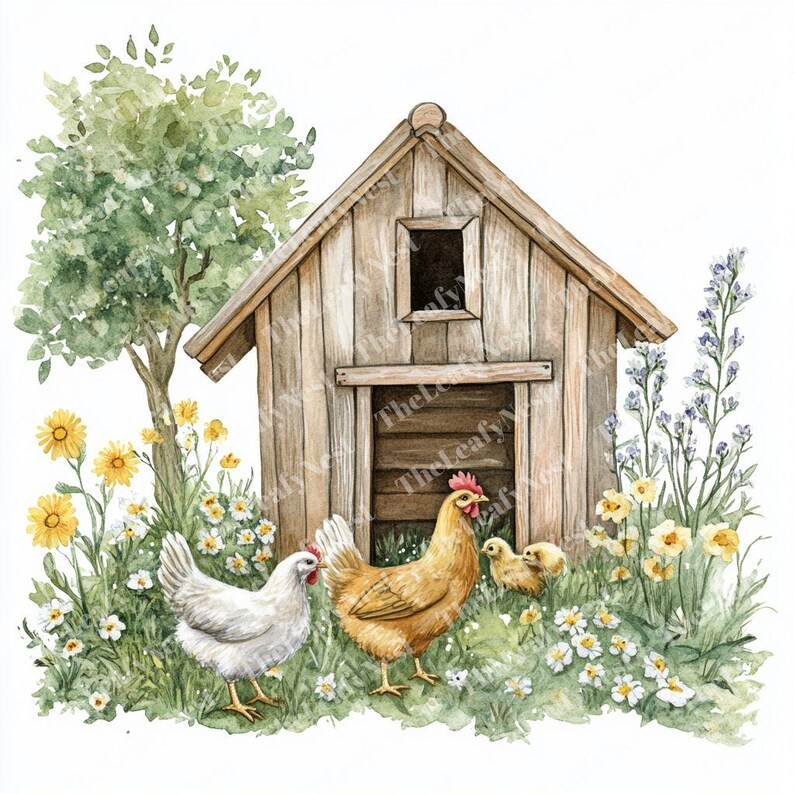 15 Watercolor Chicken Coop Clipart, Farm Animal Clip Art, Homestead ...