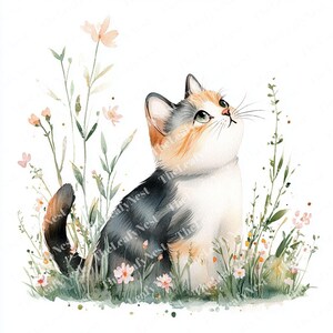 10 Spring Cat Clipart, Curious Cat With Flowers Clipart, Printable ...