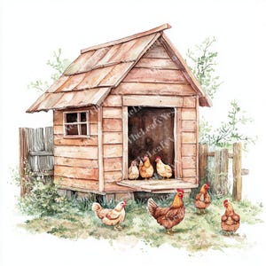 Watercolor Chicken Coop Clipart: Farm Animal Art (JPG & PNG Digital ...