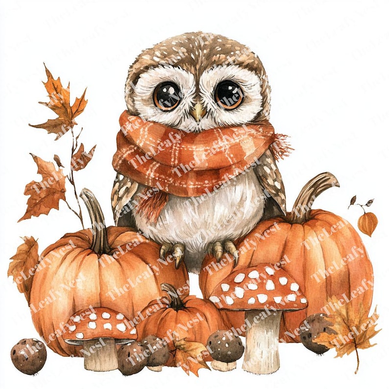 16 Autumn Owl Clipart, Woodland Baby Owl Clipart, Pumpkin Mushroom ...
