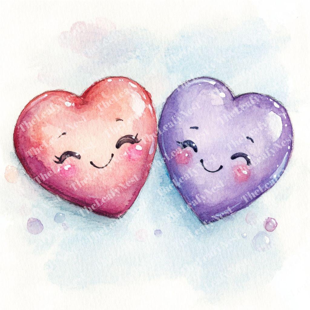 Cute Chibi Hearts Clipart | Watercolor Valentine's Art (digital ...