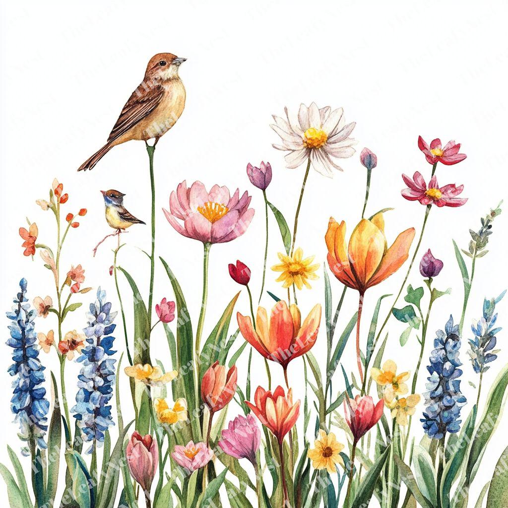 11 Spring Flower Bed Clipart, Bird and Bloom Garden Clipart, Printable ...