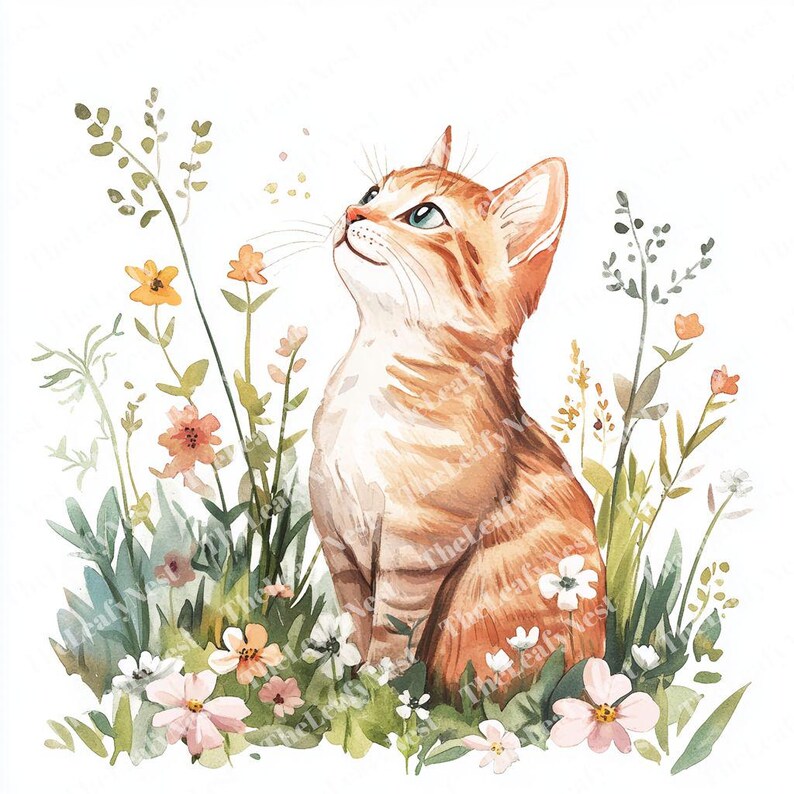 10 Spring Cat Clipart, Curious Cat With Flowers Clipart, Printable ...