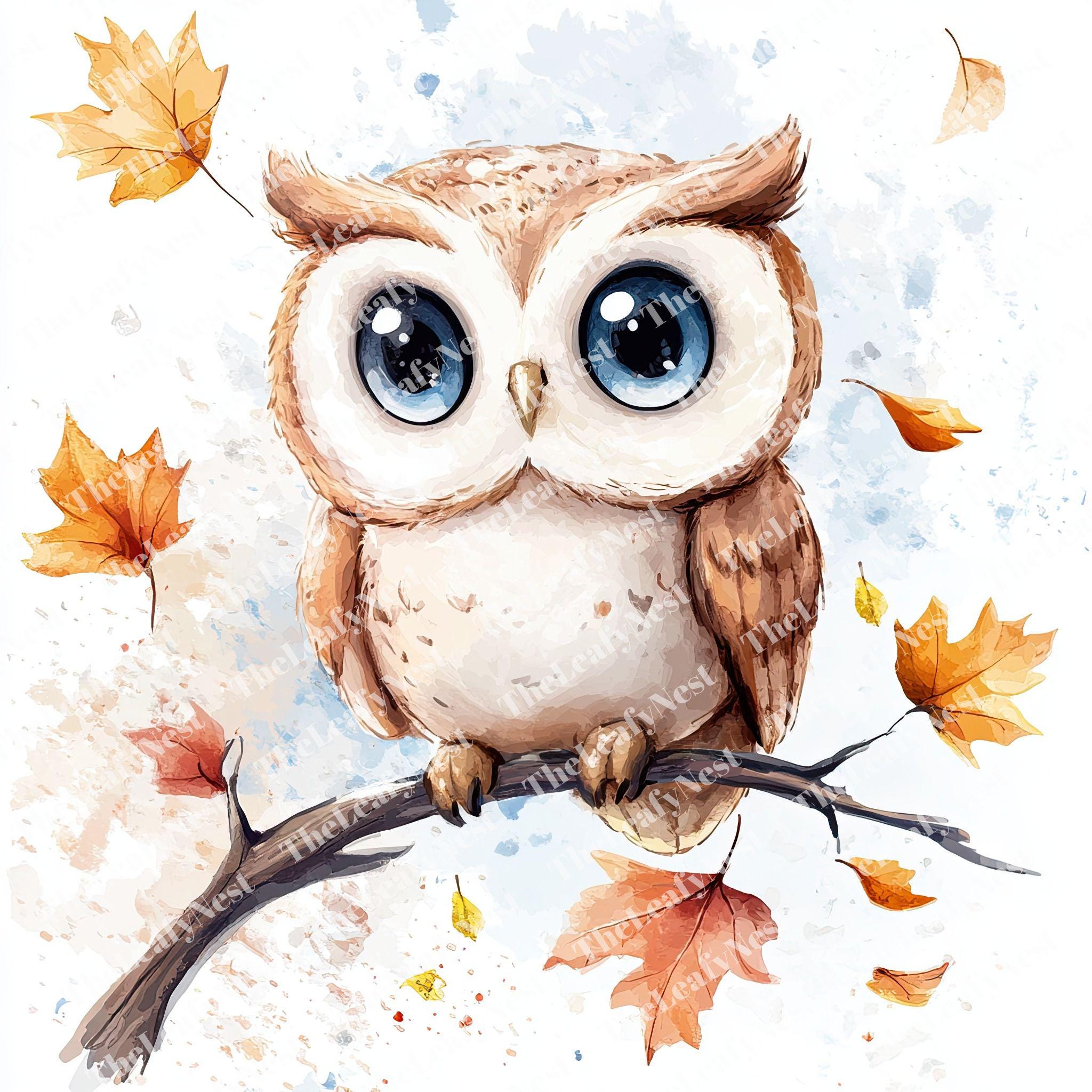 12 Owl With Autumn Leaves Cartoon Clipart, Printable Watercolor Clipart ...