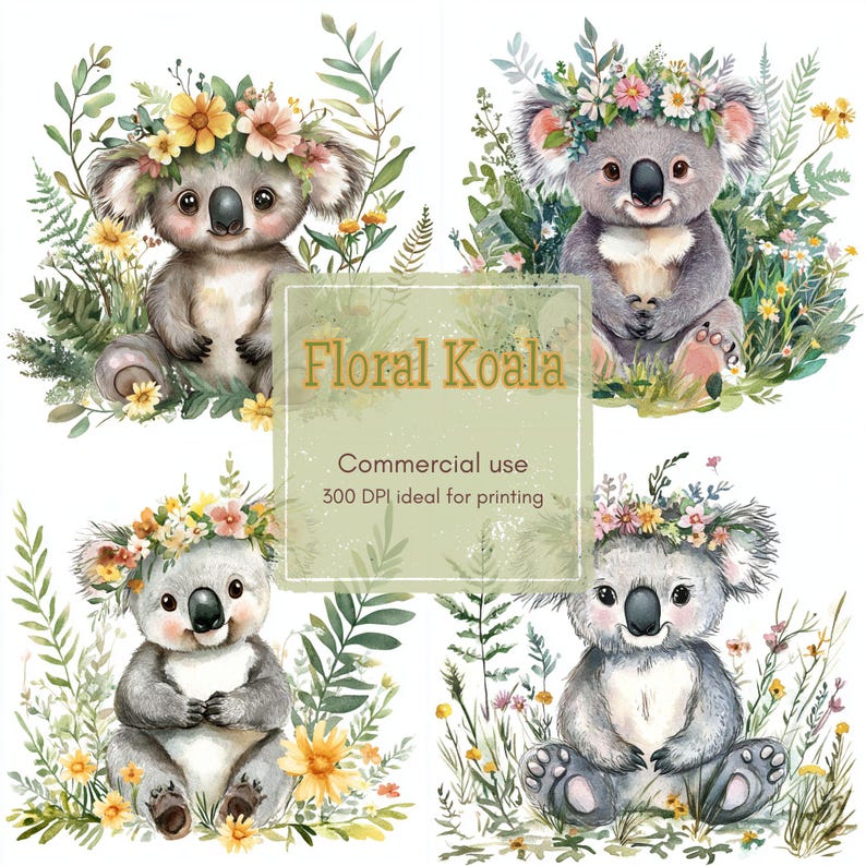 10 Baby Koala Clipart, Flower Crown Koala Clipart, Forest Animal ...