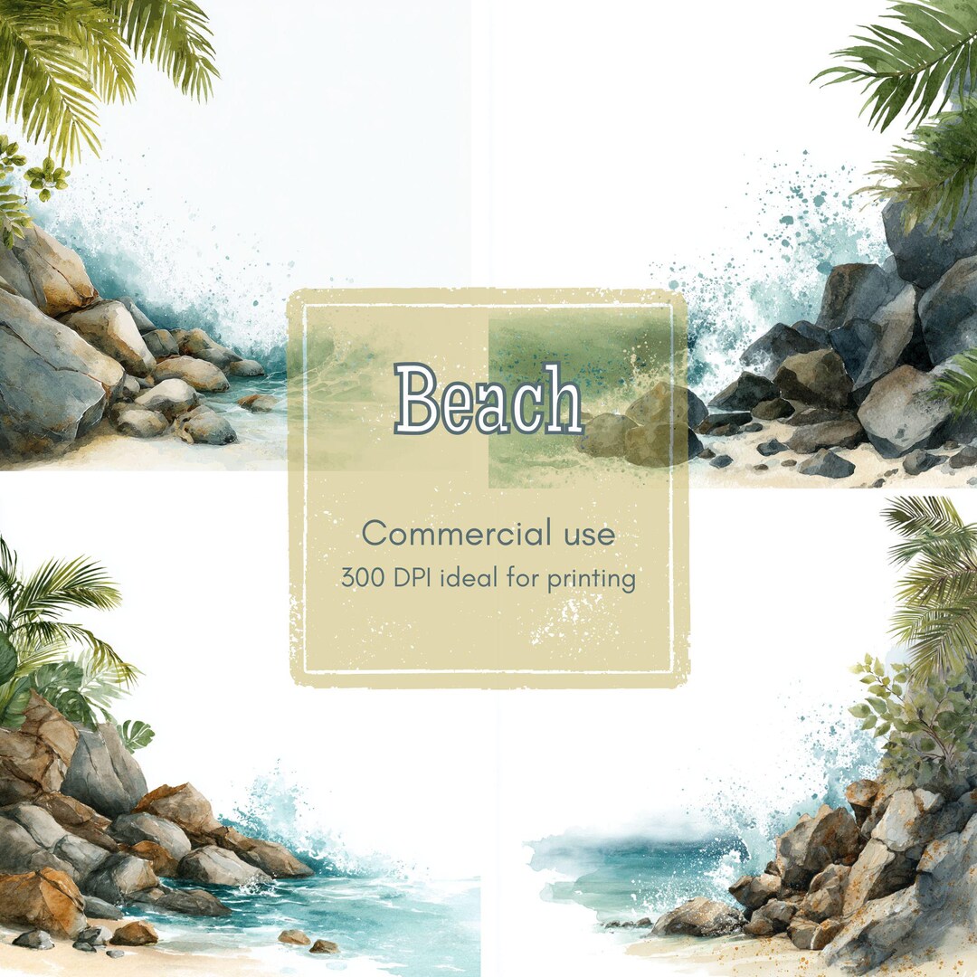 15 Rocky Beach Clipart, Ocean Splash Clipart, Palm Frond Clipart ...