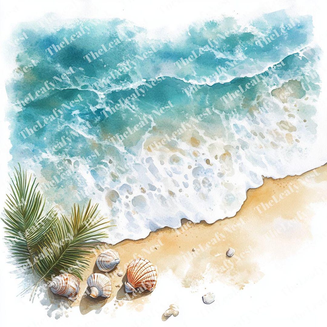 7 Ocean Shoreline Clipart, Beach Waves and Seashells Clipart, Printable ...