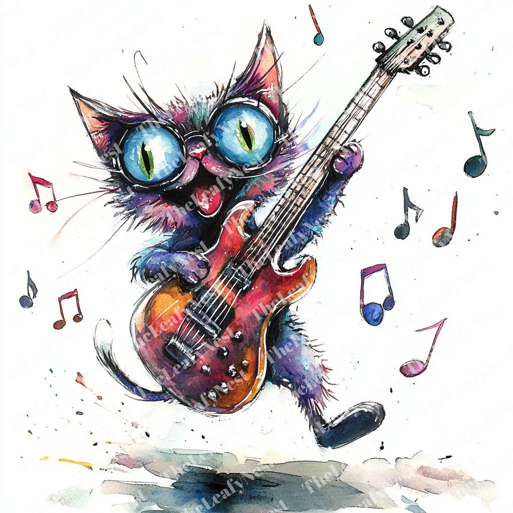 Rockstar Cat Watercolor Clipart: Funny Guitar Kitty Jpgs (digital ...
