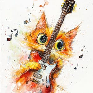 Rockstar Cat Watercolor Clipart: Funny Guitar Kitty Jpgs (digital ...