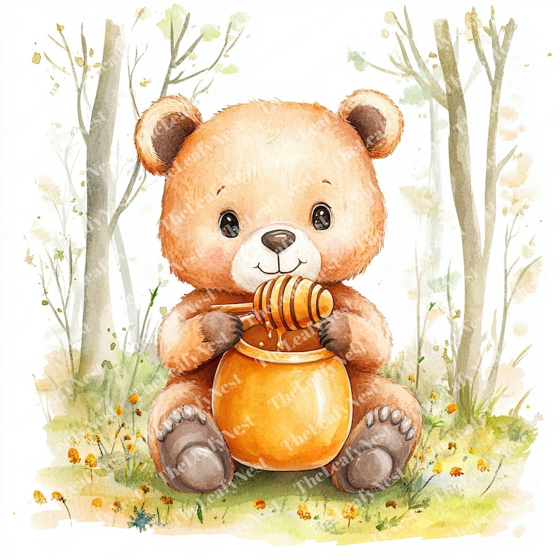 16 Bear and Honey Clipart, Honey Clipart, Nursery Bear Cub, Printable ...