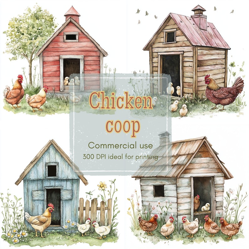 15 Watercolor Chicken Coop Clipart, Farm Animal Clip Art, Homestead ...