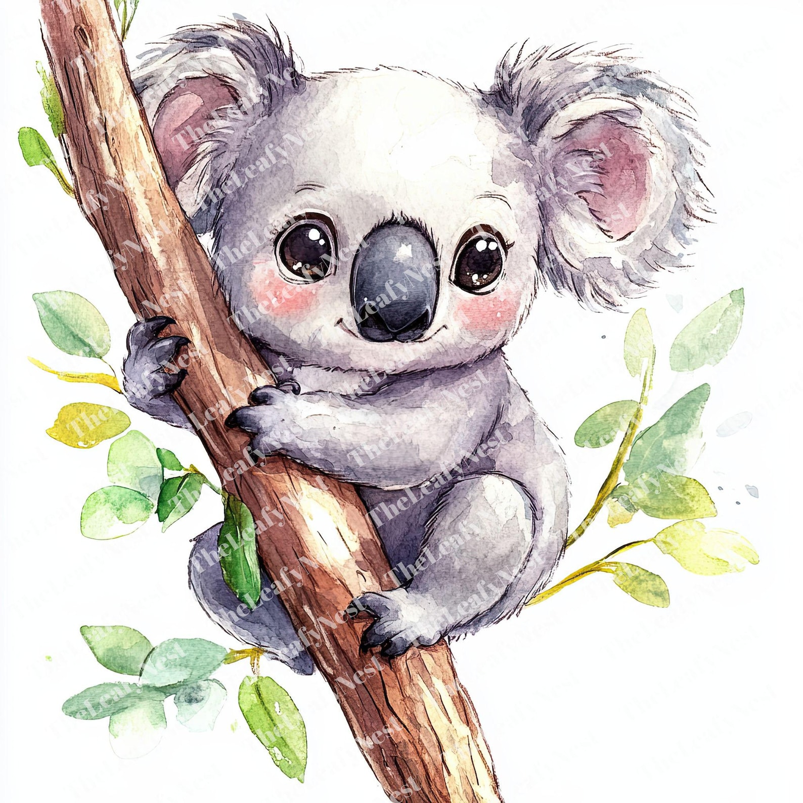 9 Koala Clinging to a Eucalyptus Cartoon Clipart, Printable Watercolor ...