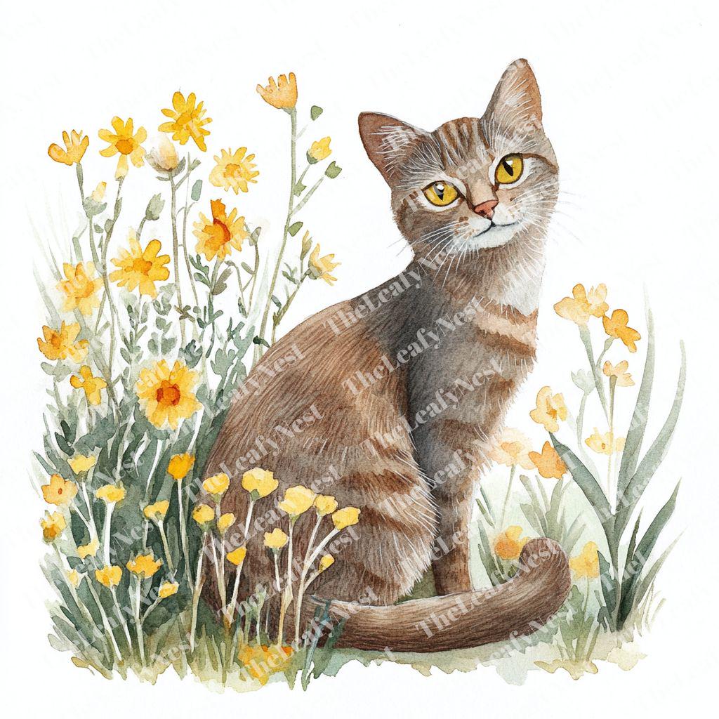 10 Spring Cat Clipart, Curious Cat With Flowers Clipart, Printable ...