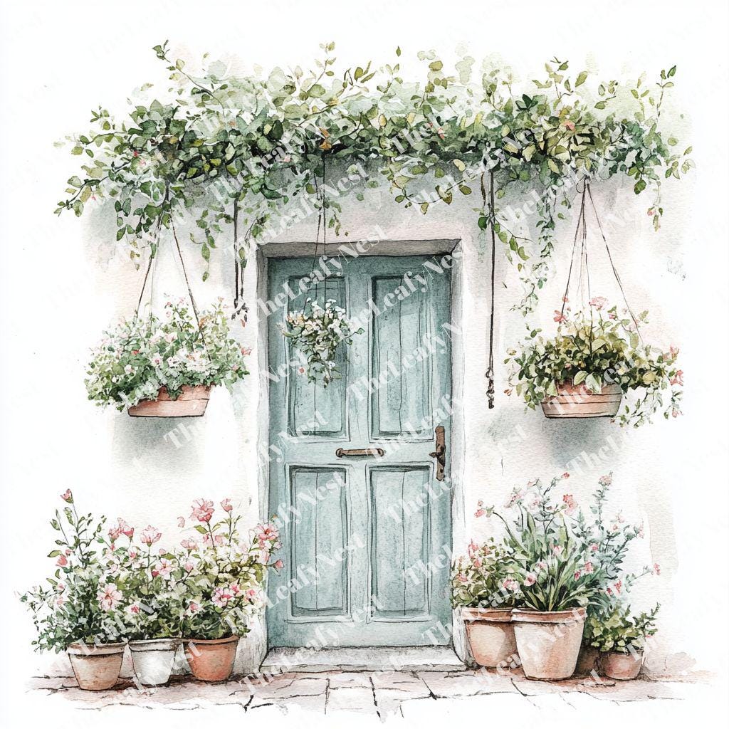 11 Watercolor Floral Door Clipart, Pastel Door With Spring Flowers ...