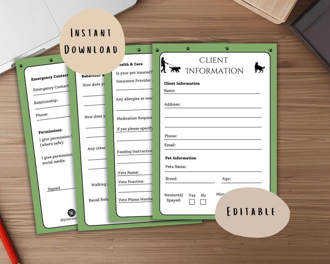 Dog Walker Client Information Form Template - Editable Dog Walking ...