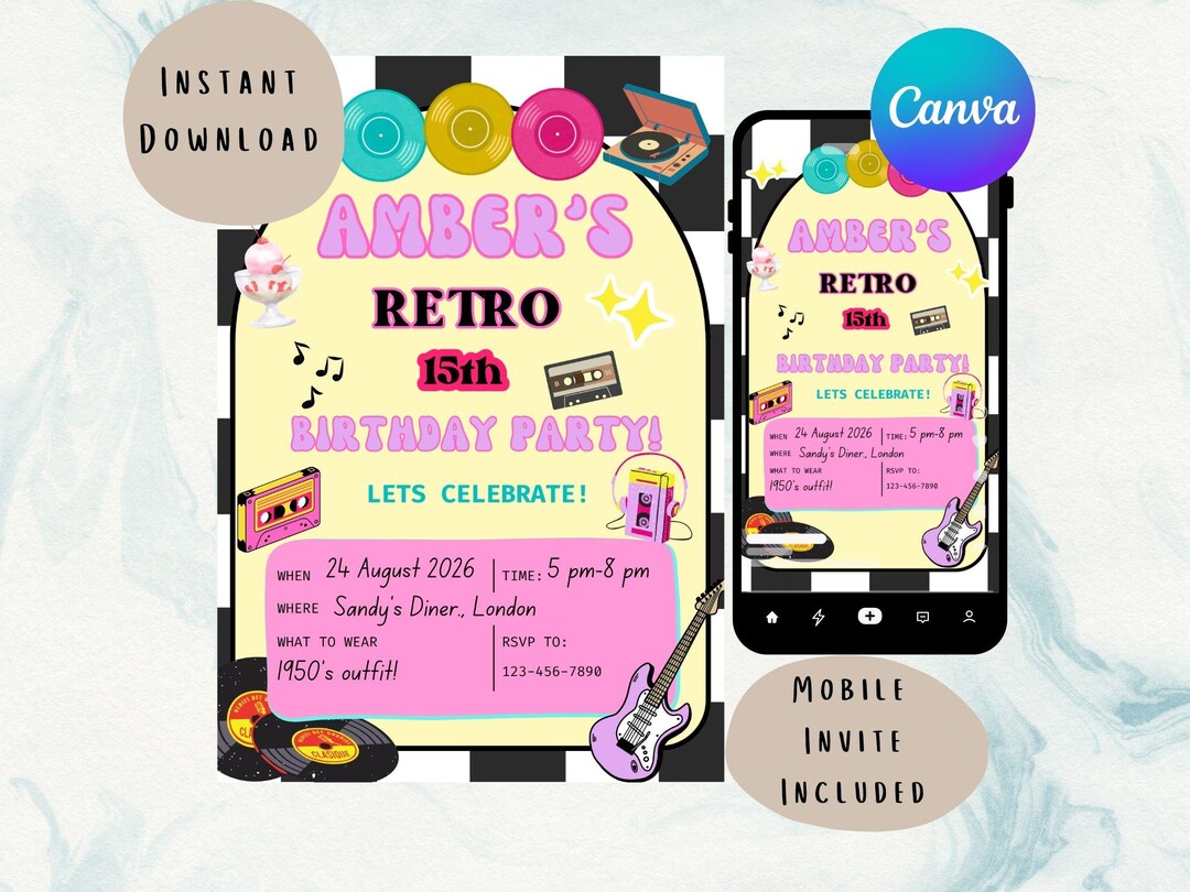 Retro Birthday Party Invitation Template - 1950's Invite - Fifties ...
