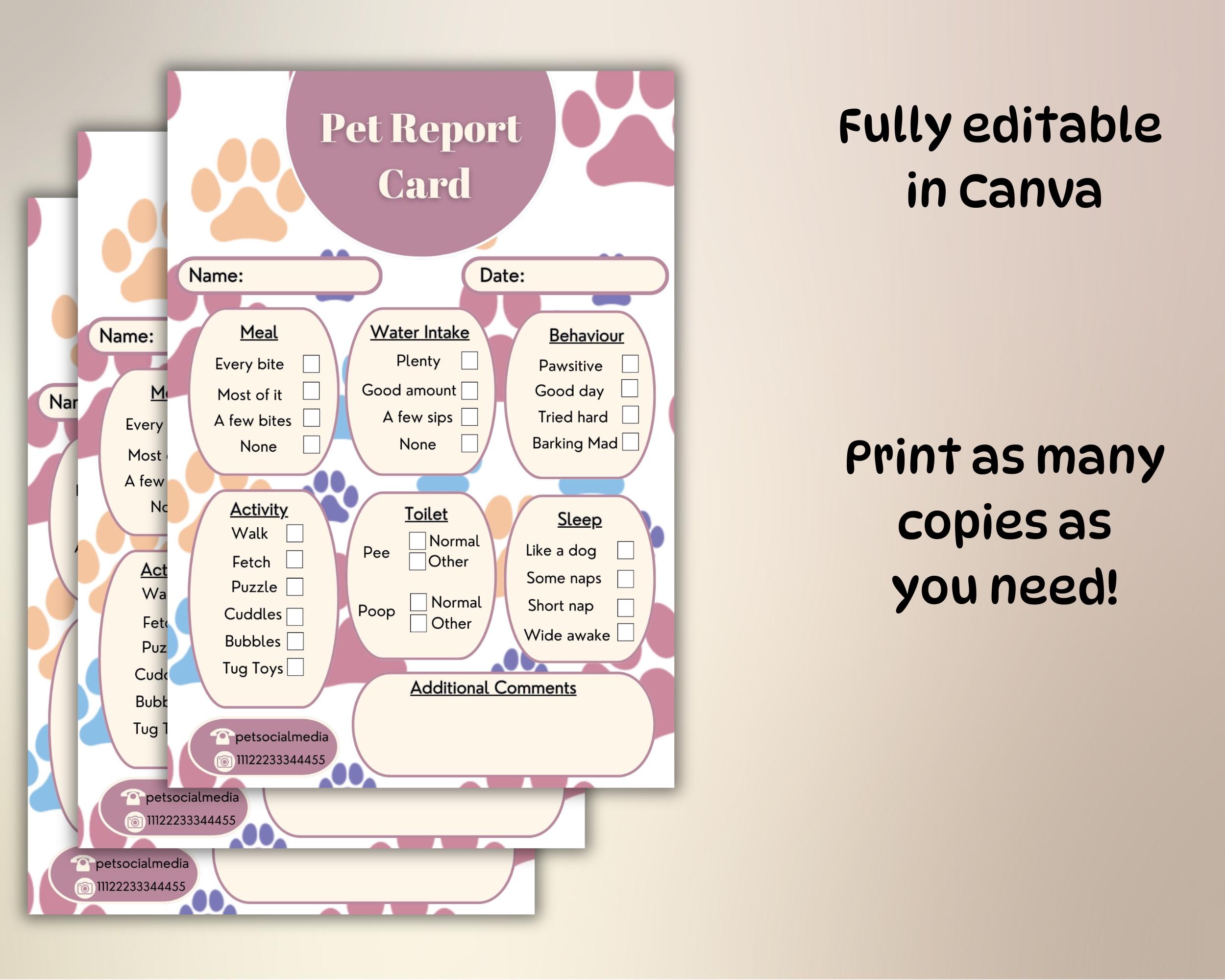 Editable Pet Report Card Template, Pet Sitter & Doggy Day Care Business ...