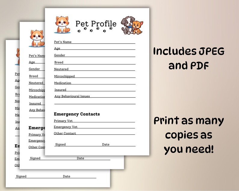 Printable Pet Profile Form, Pet Information Sheet, Pet Business ...