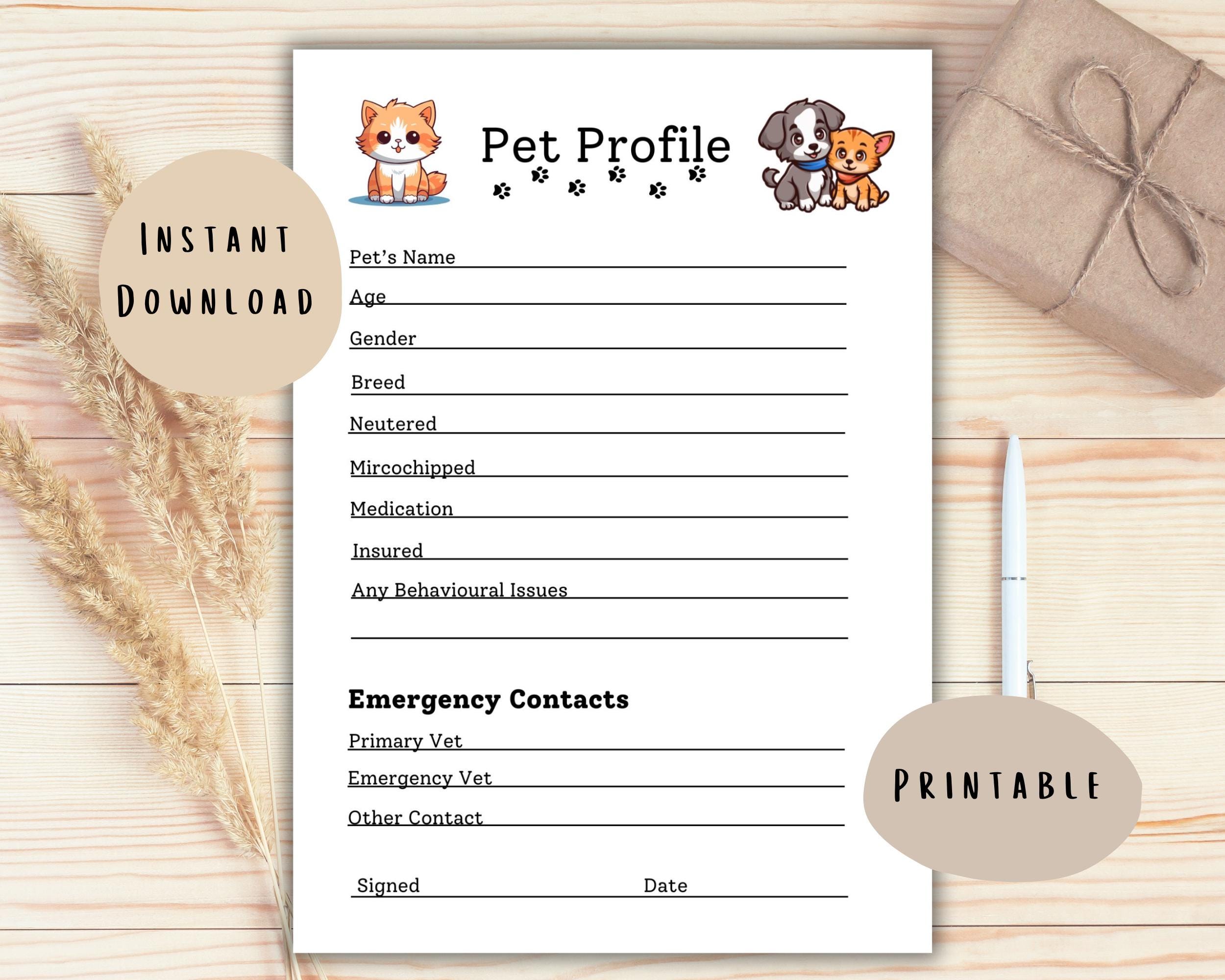 Printable Pet Profile Form, Pet Information Sheet, Pet Business ...