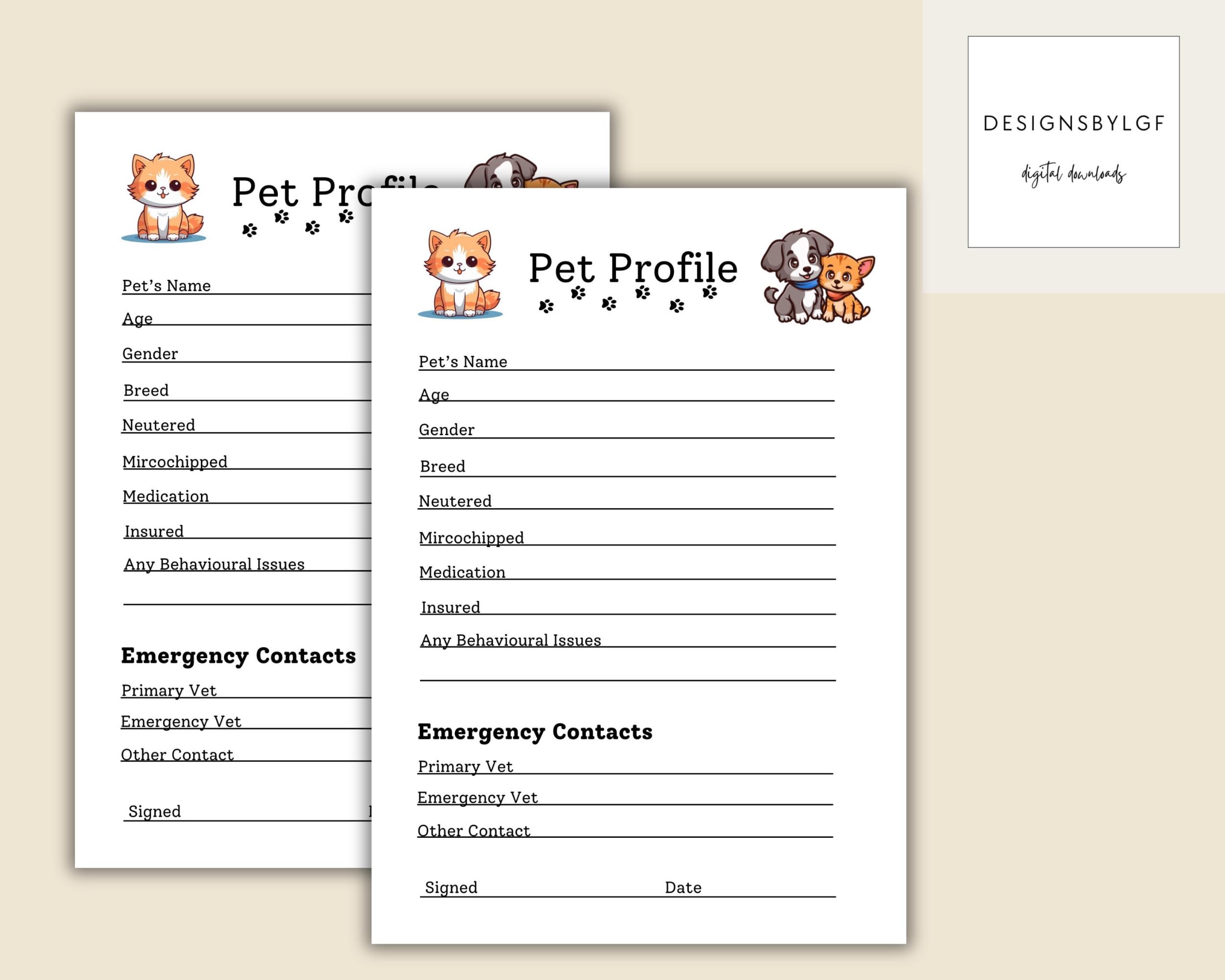 Printable Pet Profile Form, Pet Information Sheet, Pet Business ...