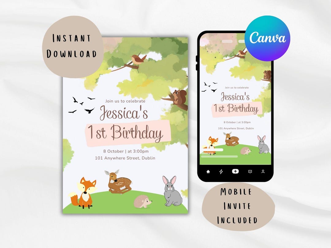 Woodland Themed Birthday Party Invitation Template - Mobile Invitation ...