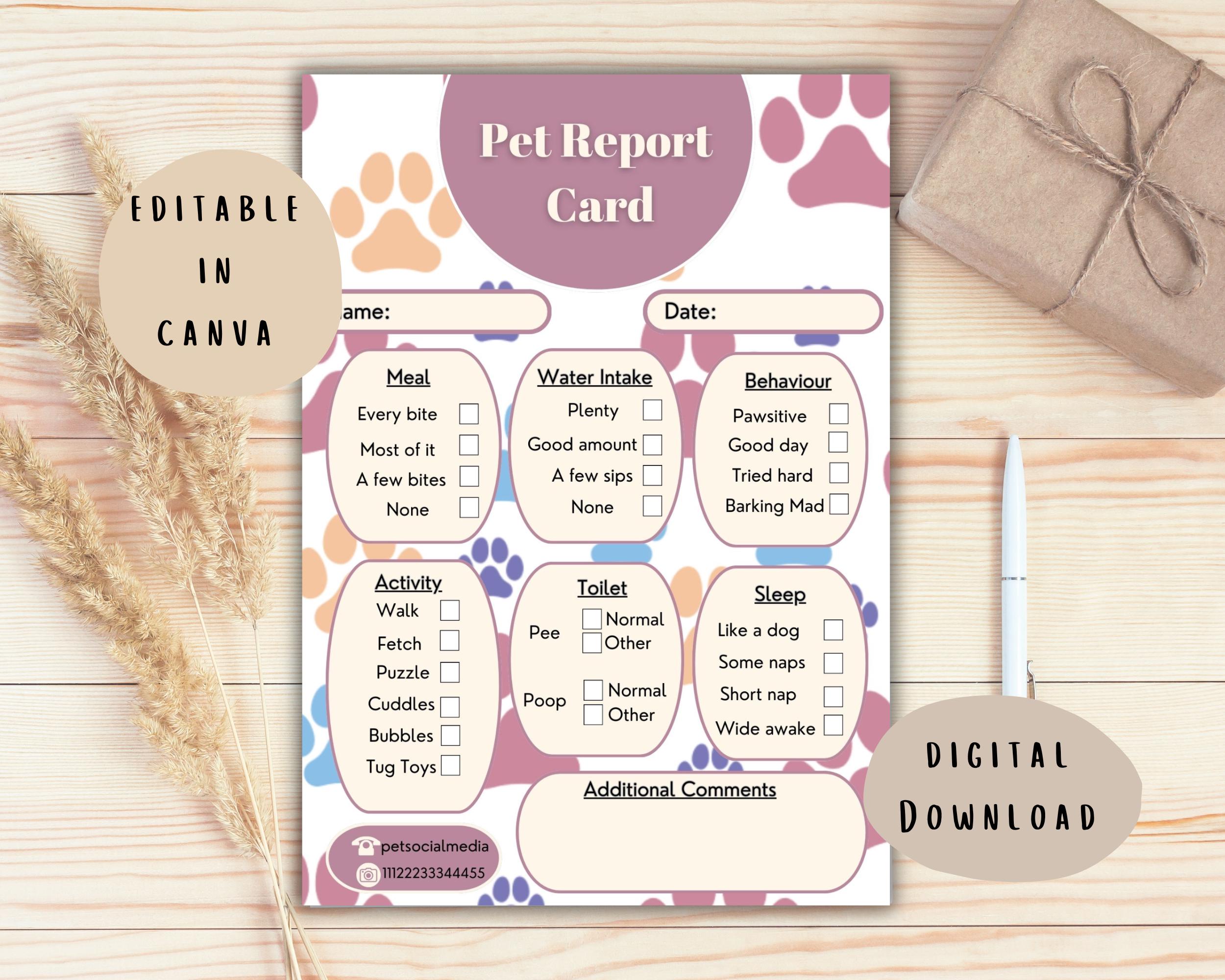 Editable Pet Report Card Template, Pet Sitter & Doggy Day Care Business ...