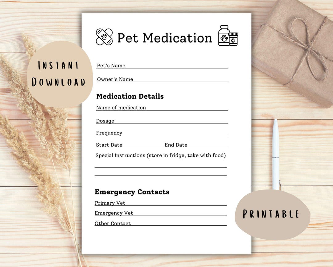Pet Medication Form Printable, Medication Log, Pet Sitter Forms, Dog ...
