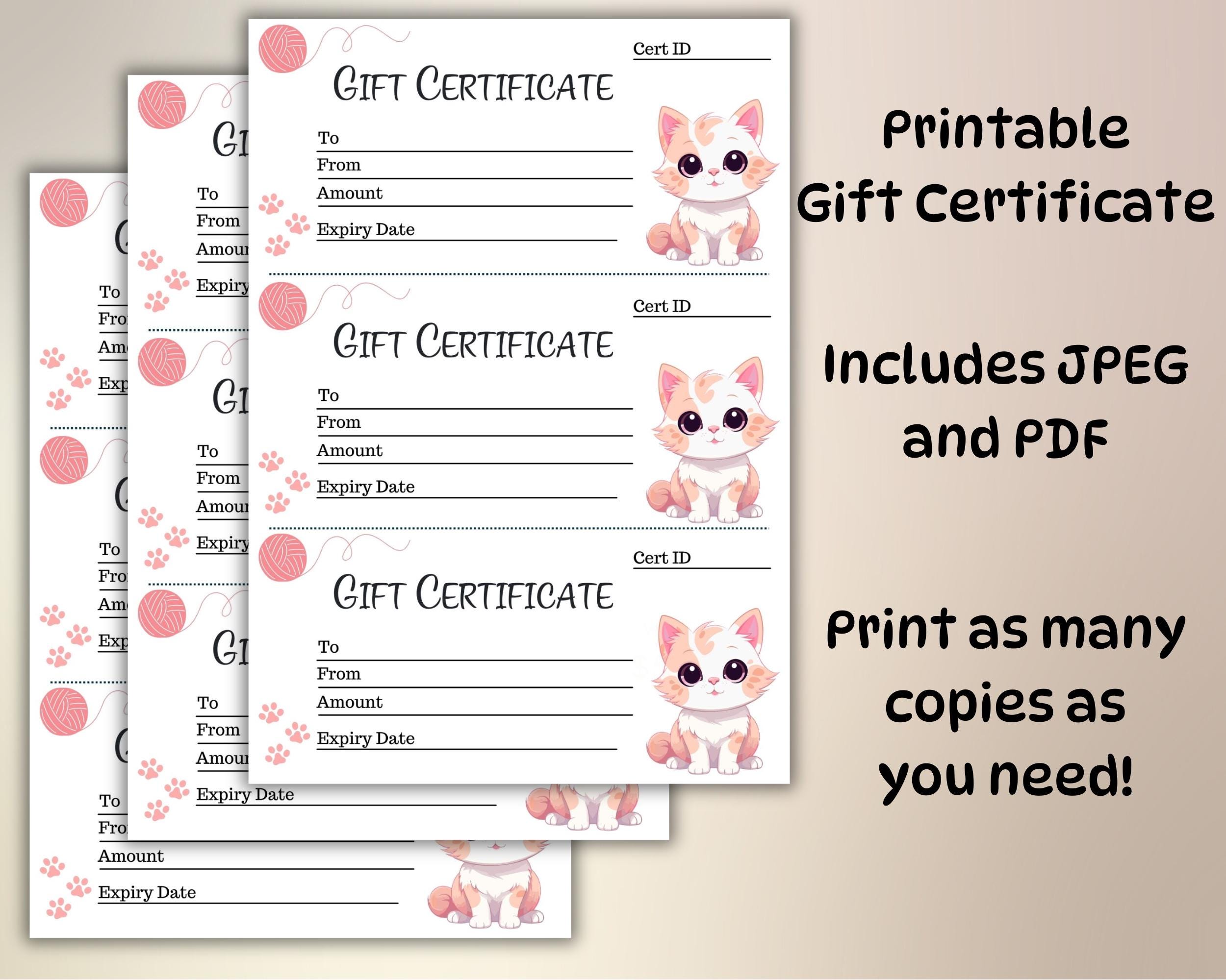 Printable Pet Gift Certificate, Cat Business, Pet Sitters, Pet Boarding ...