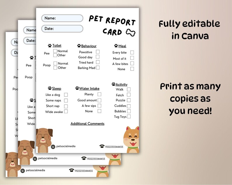 Editable Pet Report Card Template, Pet Sitter & Doggy Day Care Business ...