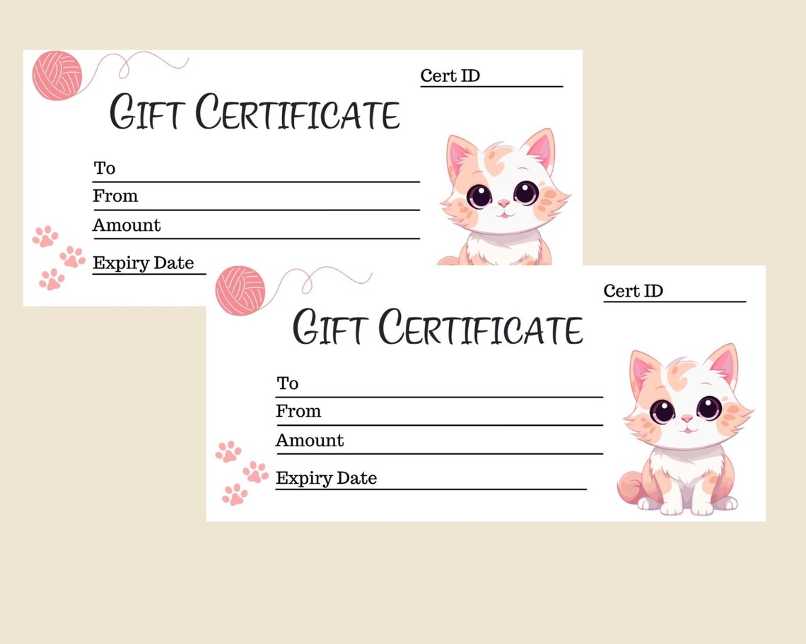 Printable Pet Gift Certificate, Cat Business, Pet Sitters, Pet Boarding, Cat Voucher, Cat Coupon ...