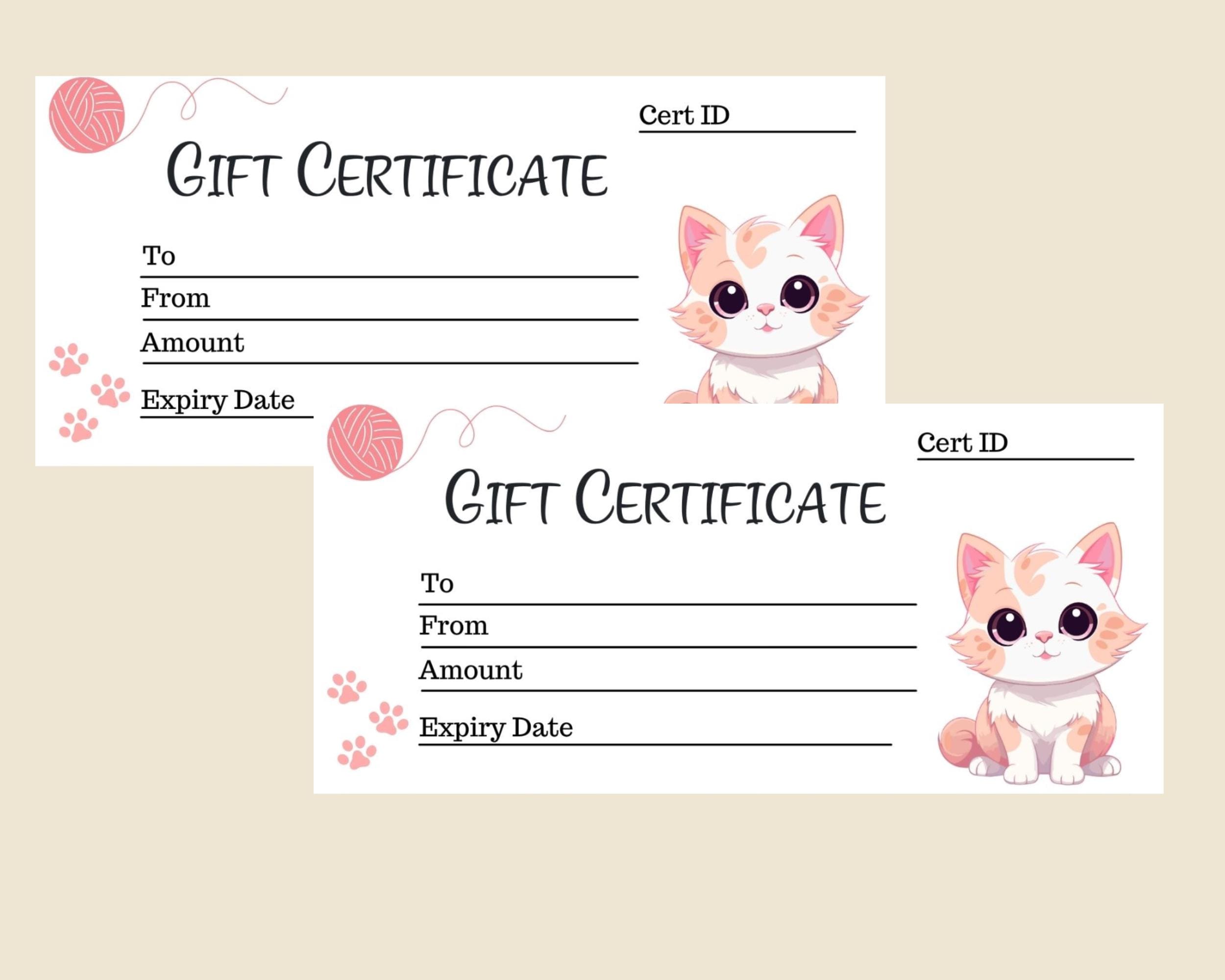 Printable Pet Gift Certificate, Cat Business, Pet Sitters, Pet Boarding ...