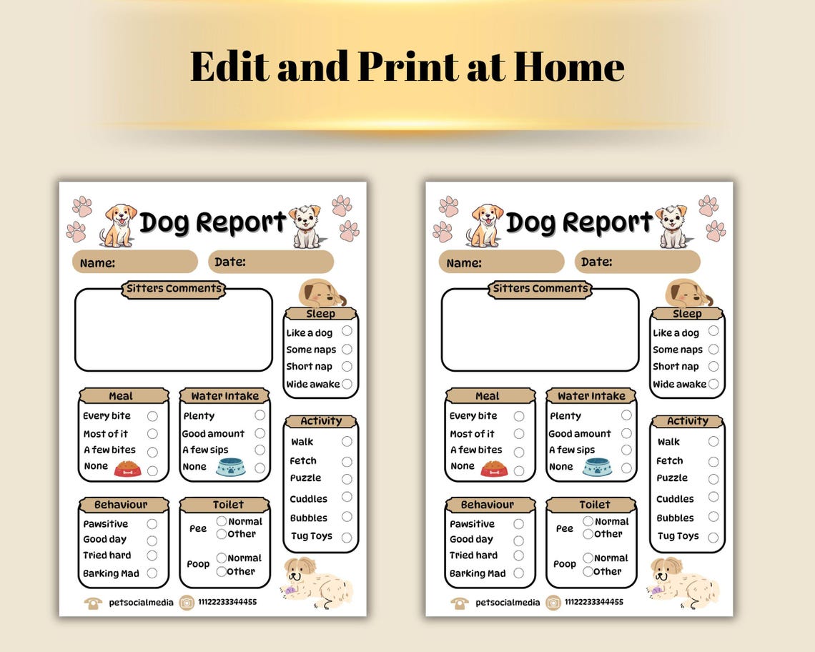 Dog Report Card Digital Template, Editable Template, Pet Sitter Report ...