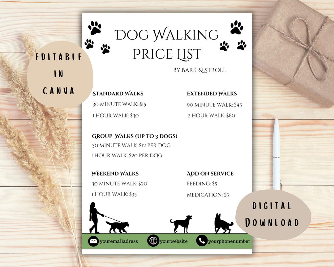 Dog Walker Price List Template, Pet Services Pricing, Dog Walking ...