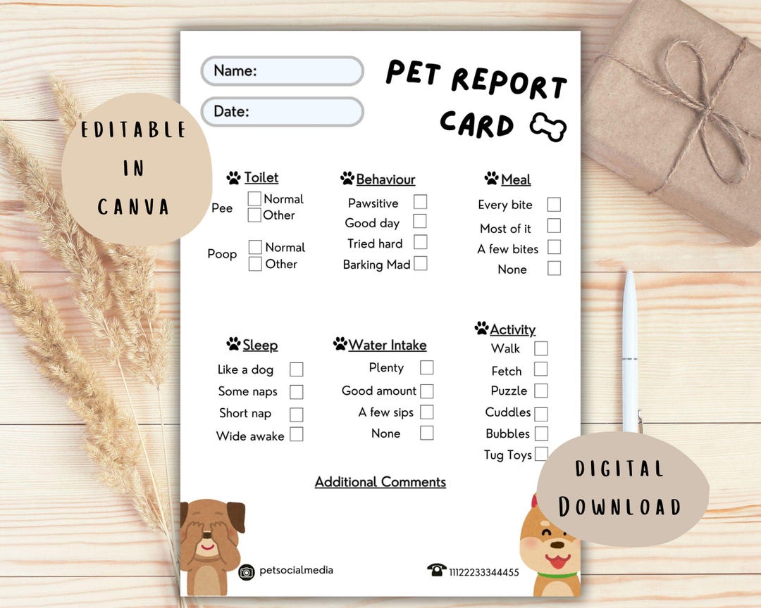 Editable Pet Report Card Template, Pet Sitter & Doggy Day Care Business ...