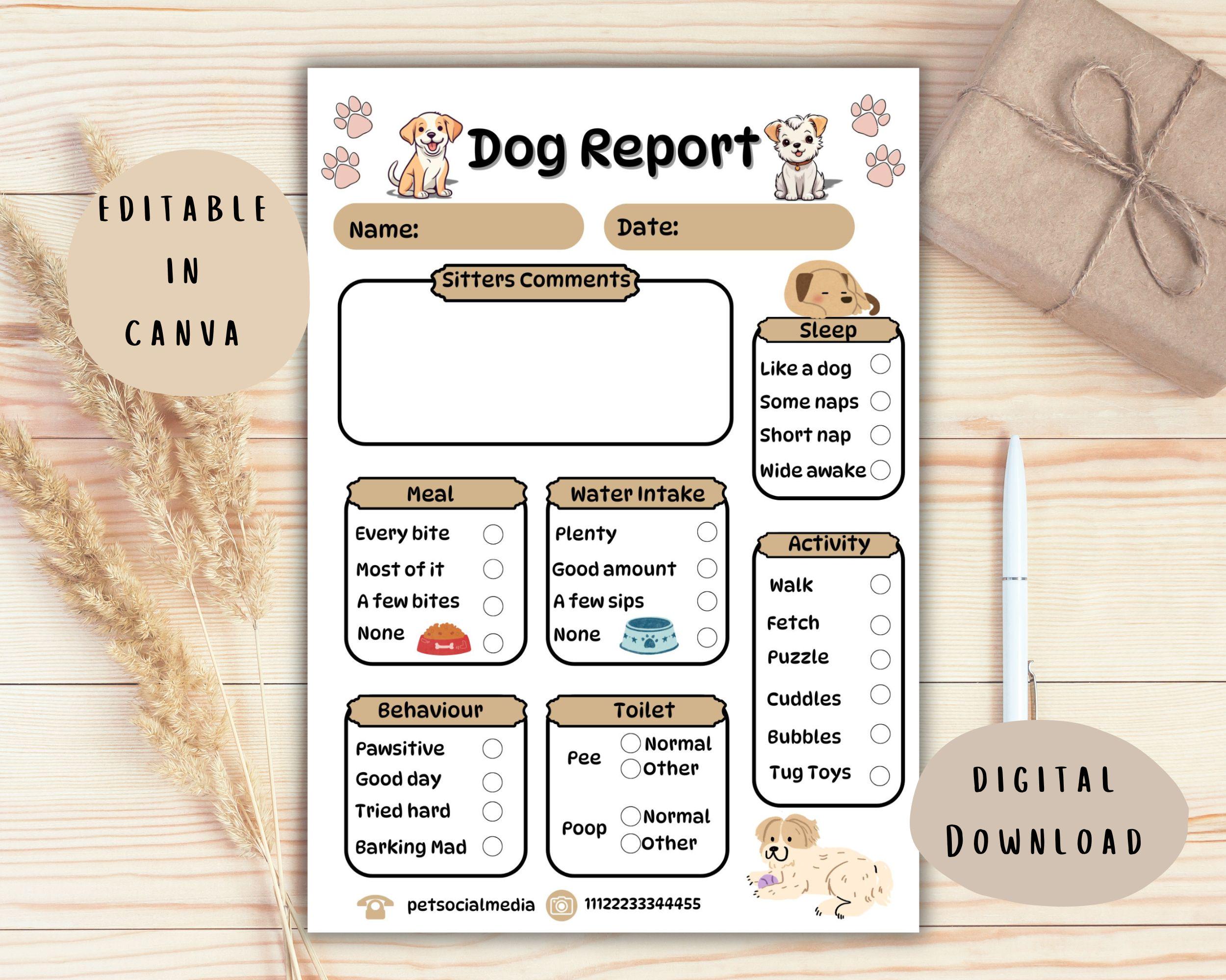 Dog Report Card Digital Template, Editable Template, Pet Sitter Report ...
