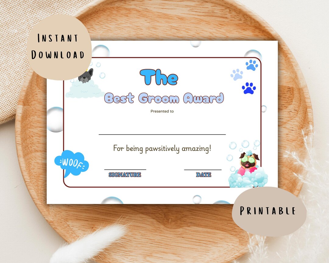 Printable Best Groom Award - Pet Certificate - Dog Groomer Certificate ...