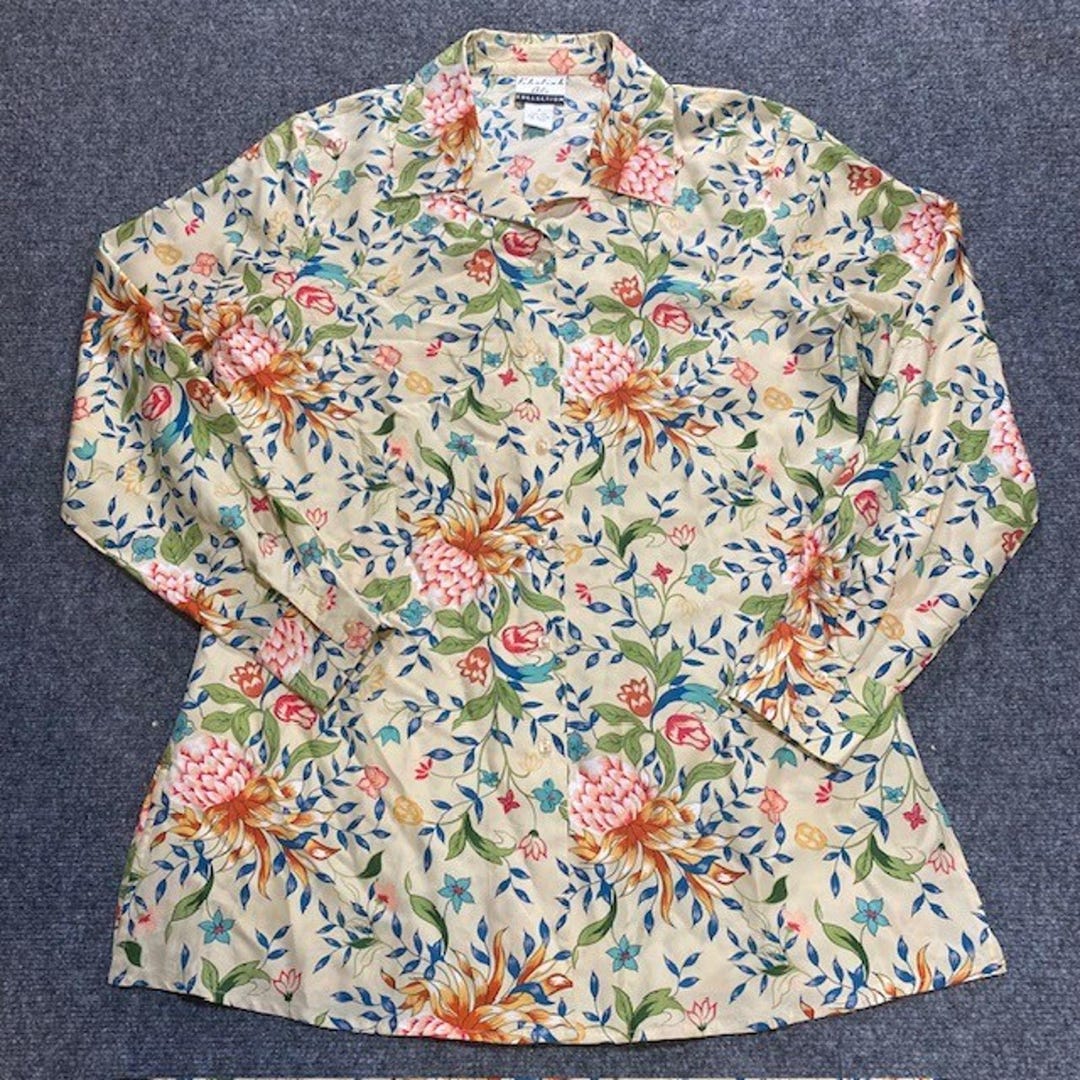 Vintage Khaliah Ali Floral All Silk Button up Blouse Shirt Tunic Womens ...