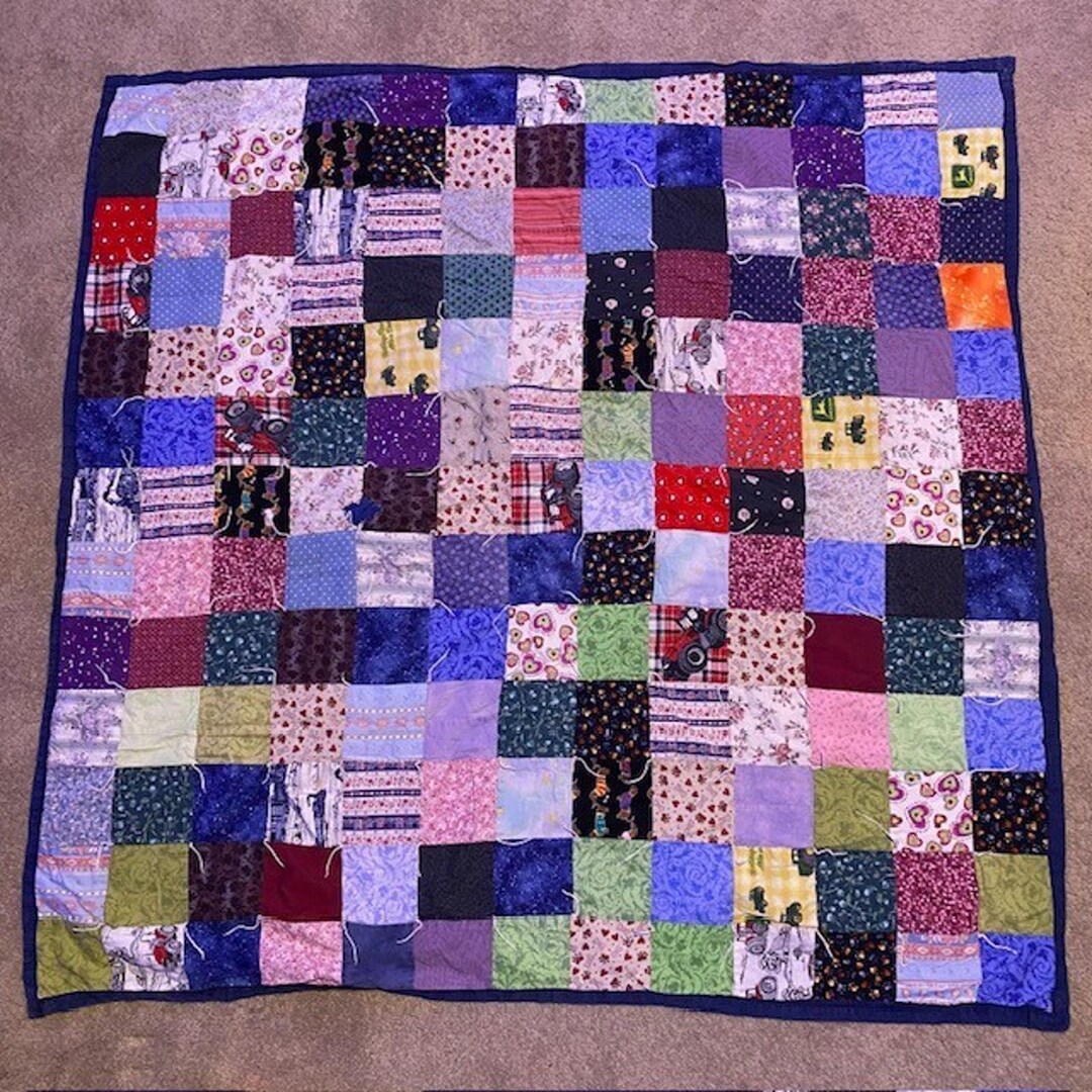 Vintage Handmade Patchwork Postage Stamp Quilt 48x48 Blue Colorful ...